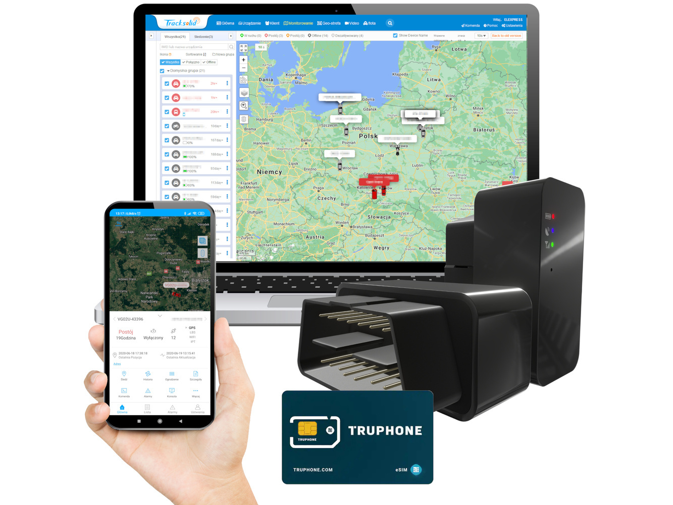 Lokalizator GPS OBD2 pojazdów + karta Truphone + dostęp do Tracksolid ...